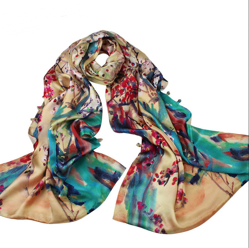 Blumen Lange Ebene Landschaft Grün Echte Seide Schal - 7kleid.com